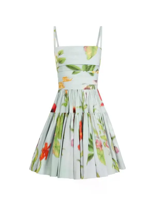 Oscar De La Renta Chiné Mixed-floral Cotton Poplin Tiered Dress - Blue