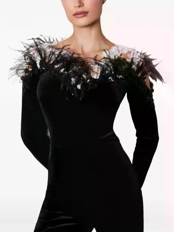 IMROSKA Feather-trim Velvet Jumpsuit - Black