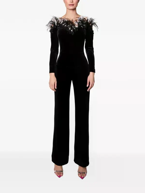 IMROSKA Feather-trim Velvet Jumpsuit