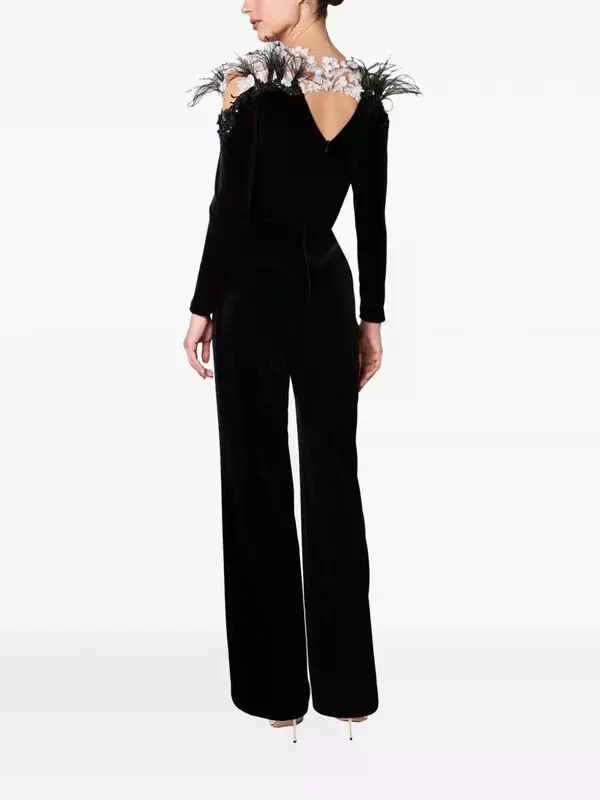 IMROSKA Feather-trim Velvet Jumpsuit