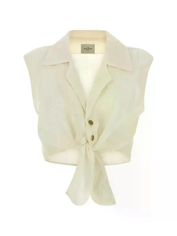 Le Kasha Sleeveless Cropped Shirt With Notched Collar And Front Tie - Neutrals