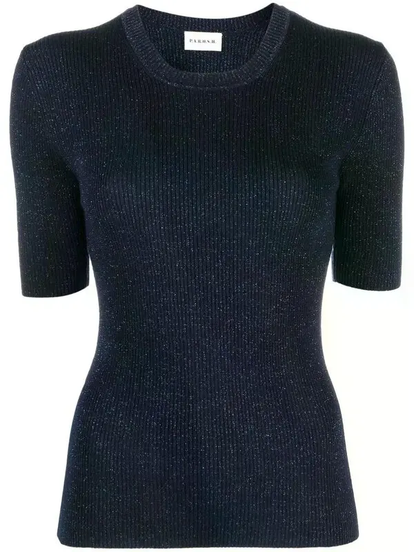 P.a.r.o.s.h Navy Wool Blend Fine Knit Short Sleeve Top