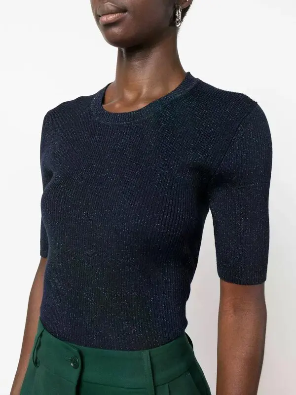 P.a.r.o.s.h Navy Wool Blend Fine Knit Short Sleeve Top