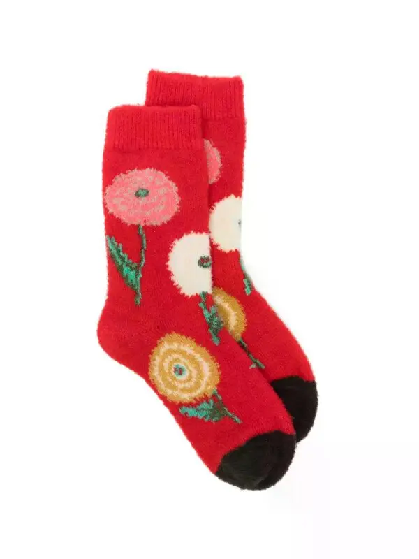 BONNE MAISON Floral Intarsia Ribbed Trim Crew Socks - Red