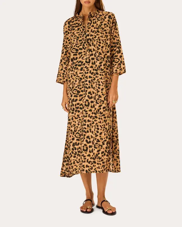 Natalie Martin Isobel Leopard Cotton Kaftan Midi Dress - Brown