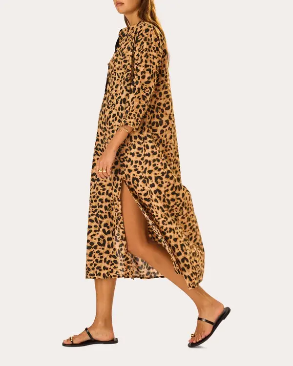 Natalie Martin Isobel Leopard Cotton Kaftan Midi Dress - Brown