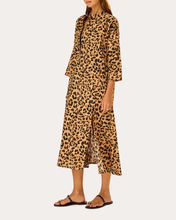 Natalie Martin Isobel Leopard Cotton Kaftan Midi Dress - Brown