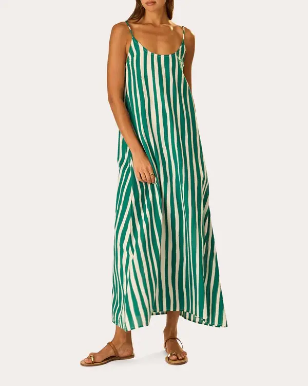 Natalie Martin Heather Stripe Cotton Maxi Slip Dress - Green