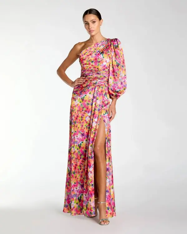 Mac Duggal Floral One-shoulder Charmeuse Gown With Puff Sleeve And Slit - Multicolor
