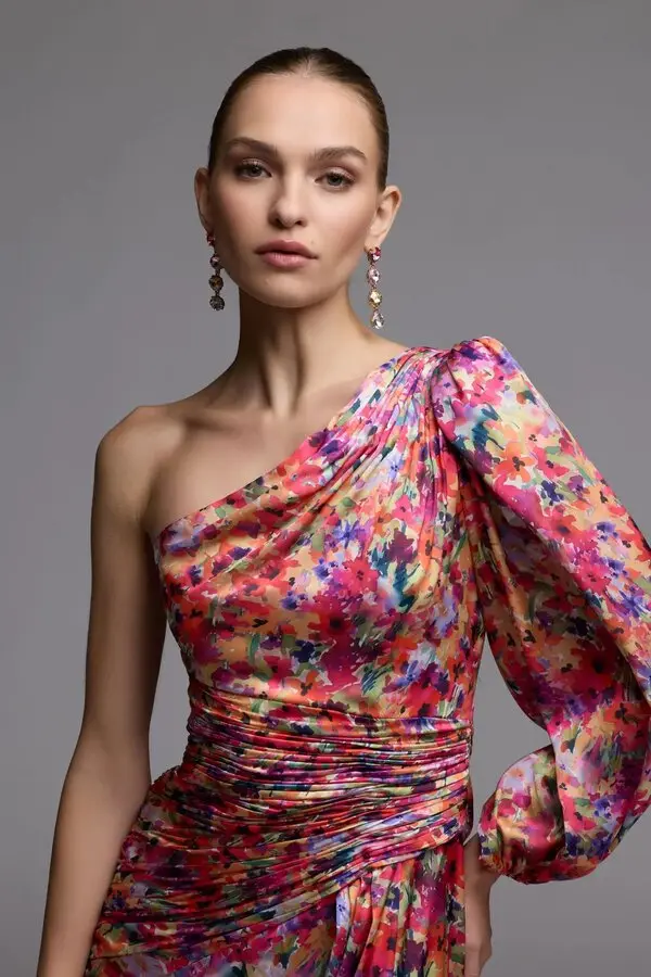 Mac Duggal Floral One-shoulder Charmeuse Gown With Puff Sleeve And Slit - Multicolor