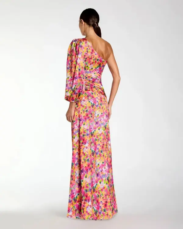 Mac Duggal Floral One-shoulder Charmeuse Gown With Puff Sleeve And Slit - Multicolor
