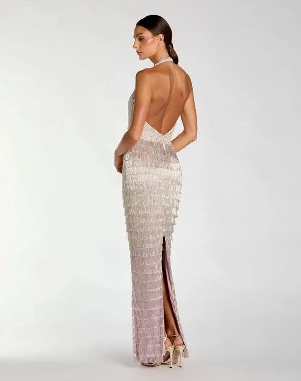MAC DUGGAL COLLECTION Halter Neck Embellished Fringe Gown