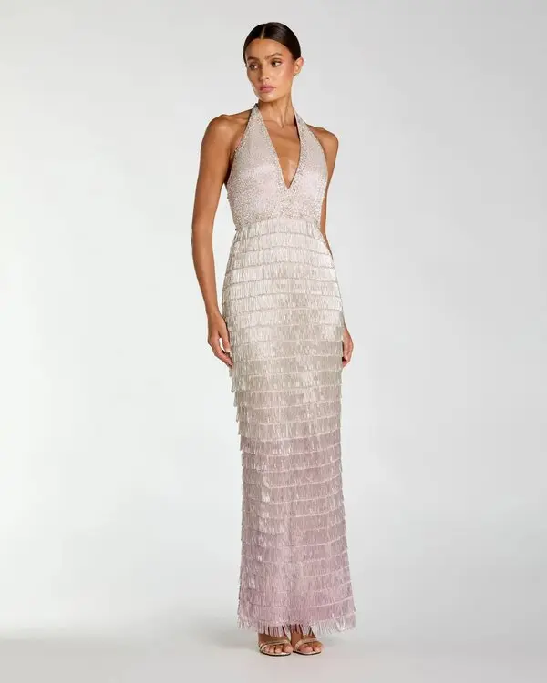 MAC DUGGAL COLLECTION Halter Neck Embellished Fringe Gown
