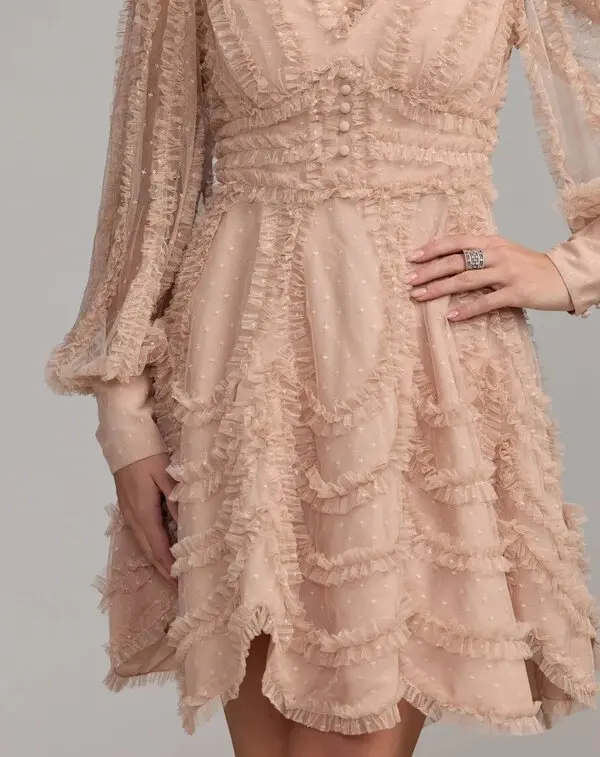 Mac Duggal Long Sleeve Ruffled V-neck Mini Dress