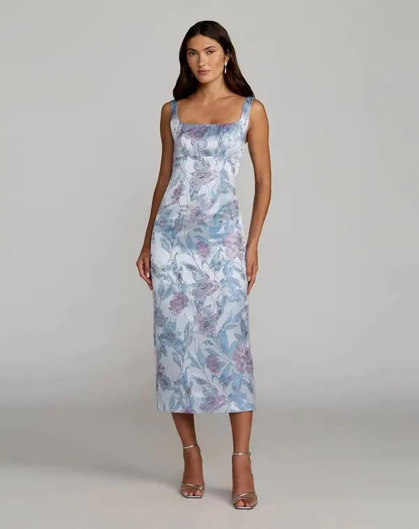 Mac Duggal Sleeveless Floral Square Neck Midi Dress