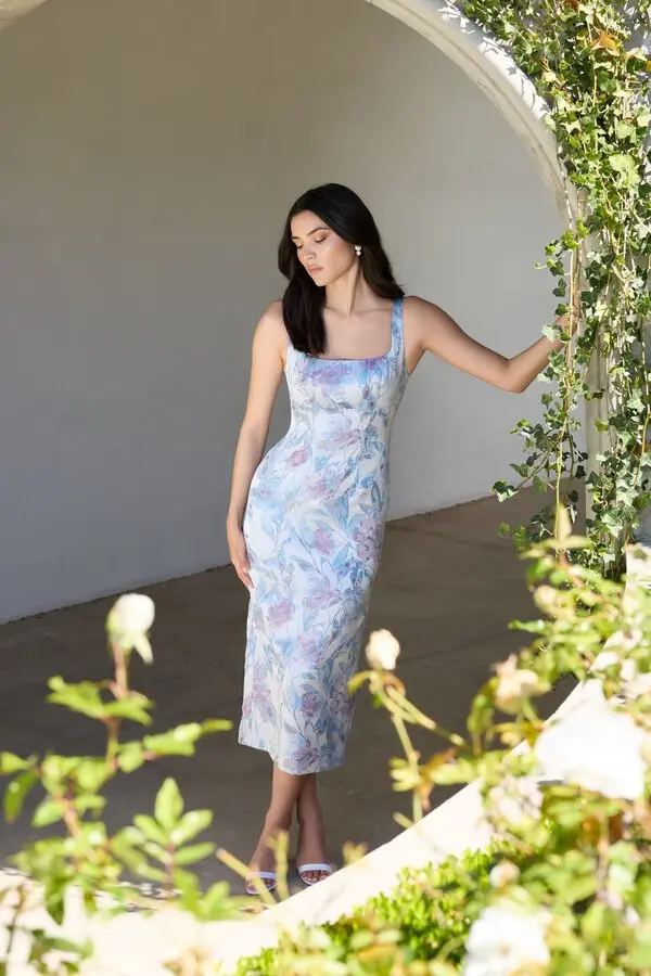 Mac Duggal Sleeveless Floral Square Neck Midi Dress