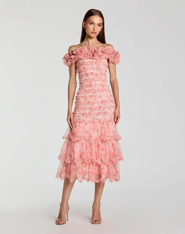 Mac Duggal Floral Off-the-shoulder Ruffle Midi Dress