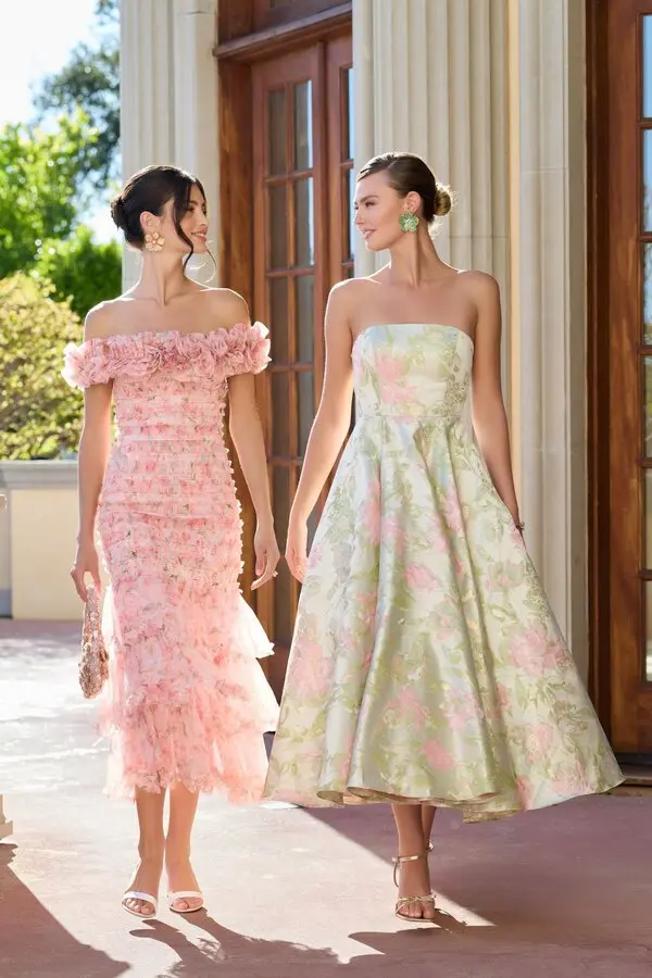 Mac Duggal Floral Off-the-shoulder Ruffle Midi Dress