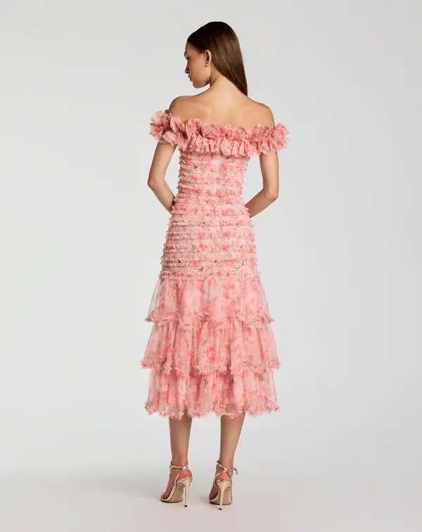 Mac Duggal Floral Off-the-shoulder Ruffle Midi Dress