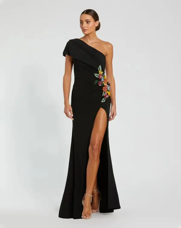 Mac Duggal One Shoulder Beaded Gown - Black