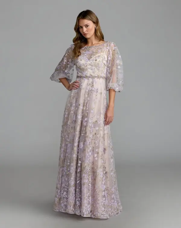 Mac Duggal Embroidered A-line Gown With 3/4 Puff Sleeves