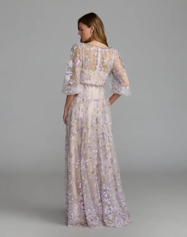 Mac Duggal Embroidered A-line Gown With 3/4 Puff Sleeves