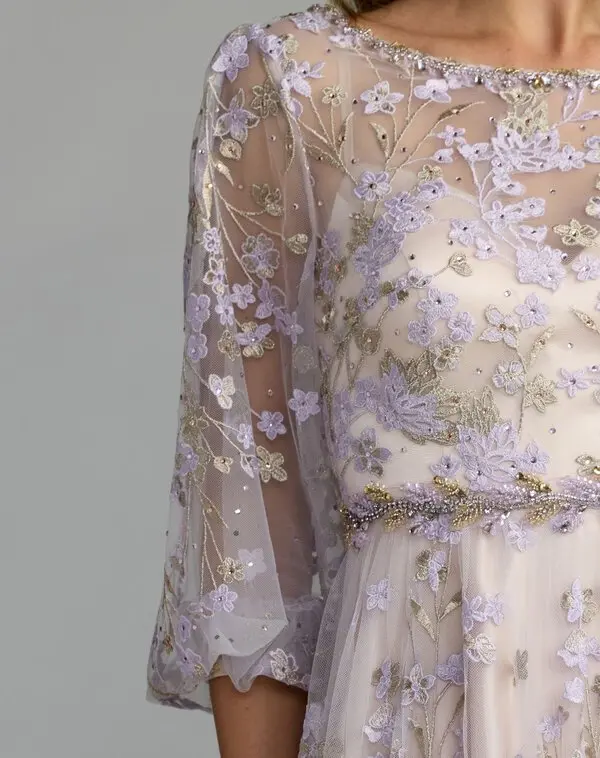 Mac Duggal Embroidered A-line Gown With 3/4 Puff Sleeves