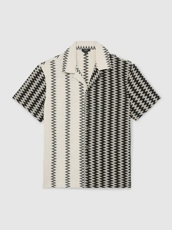 REISS Dain Zig-zag Crochet Cuban Collar Shirt