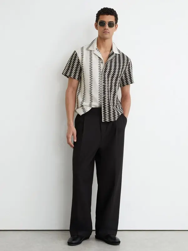 REISS Dain Zig-zag Crochet Cuban Collar Shirt