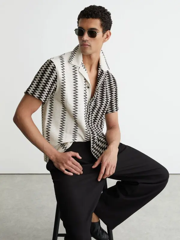 REISS Dain Zig-zag Crochet Cuban Collar Shirt