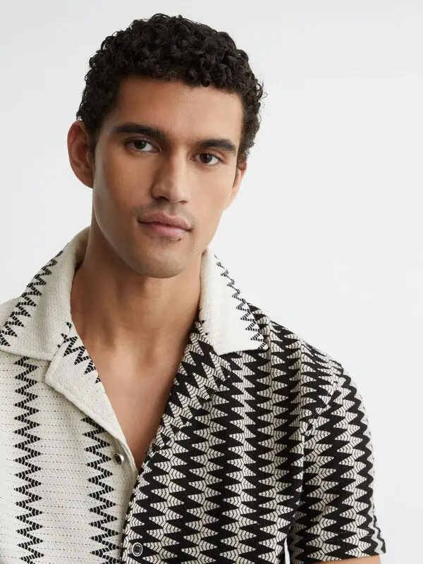 REISS Dain Zig-zag Crochet Cuban Collar Shirt