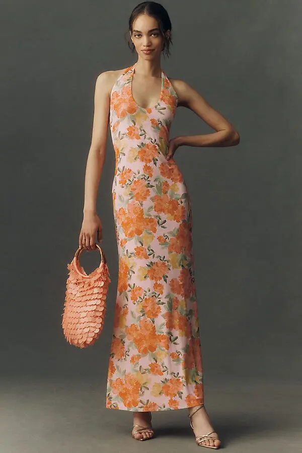 AFRM Paisleigh Floral Print Halterneck Maxi Dress - Tangerine Floral