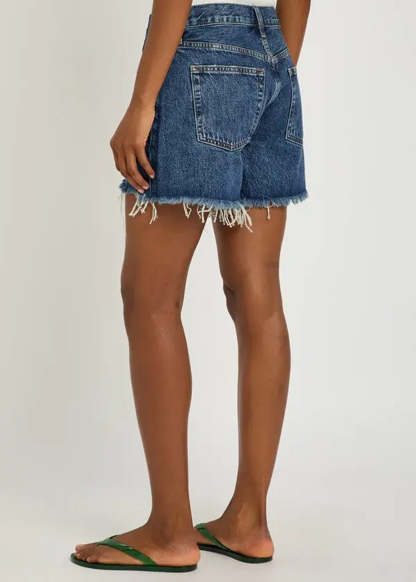 FRAME The Long Hang Frayed Denim Shorts - Navy