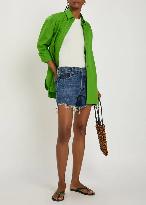 FRAME The Long Hang Frayed Denim Shorts - Navy
