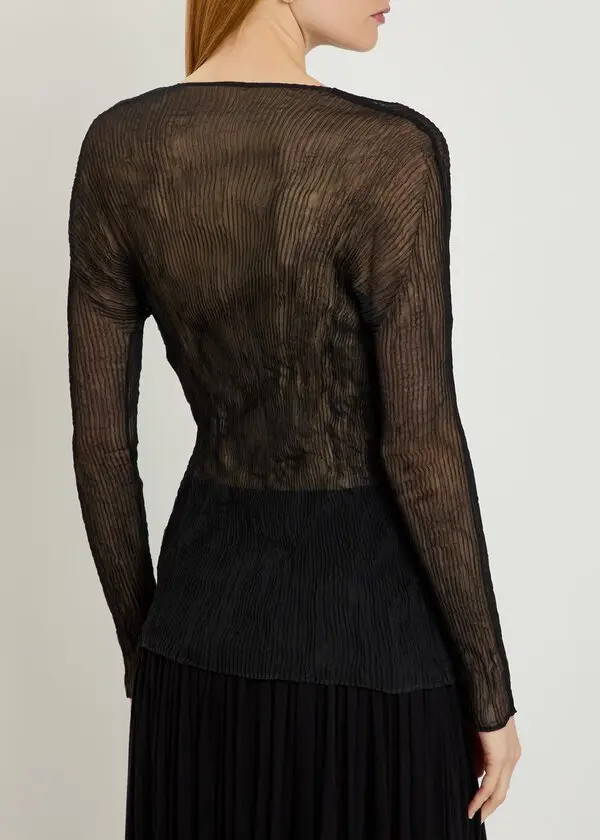 Issey Miyake Semi-sheer Pleated V-neck Top - Black