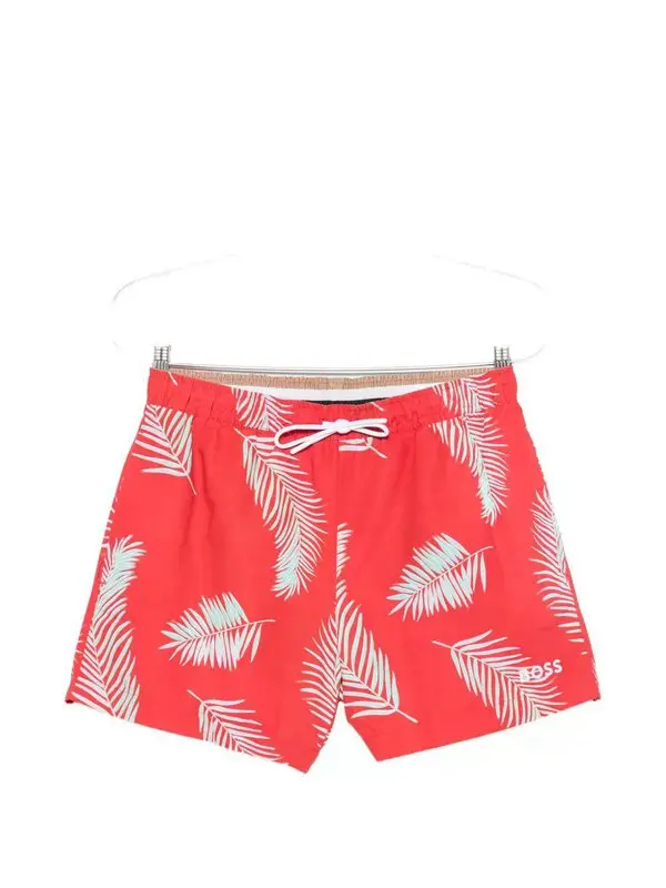 BOSS Palm Leaf Print Swim Shorts - Red
