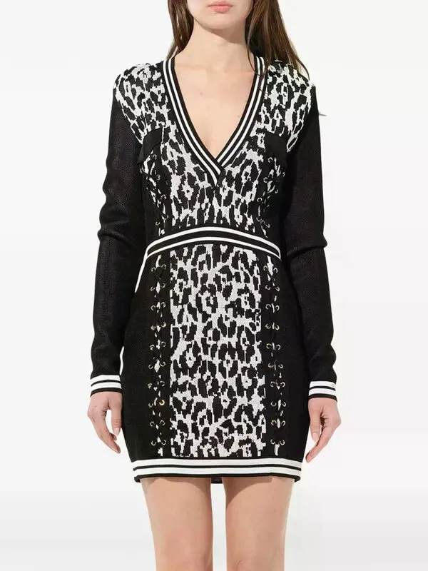 Balmain Leopard Print Lace-up V-neck Dress