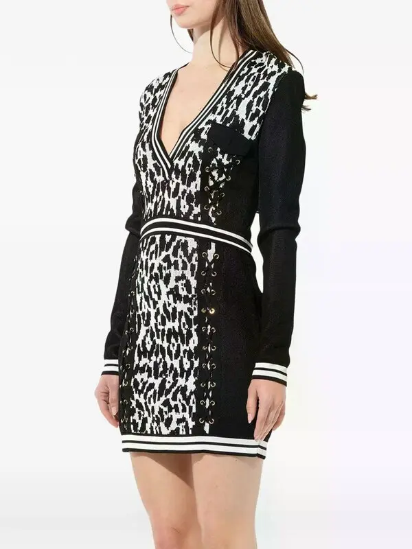 Balmain Leopard Print Lace-up V-neck Dress