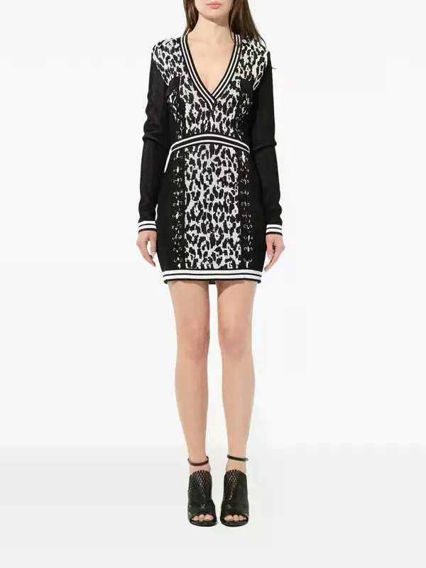 Balmain Leopard Print Lace-up V-neck Dress