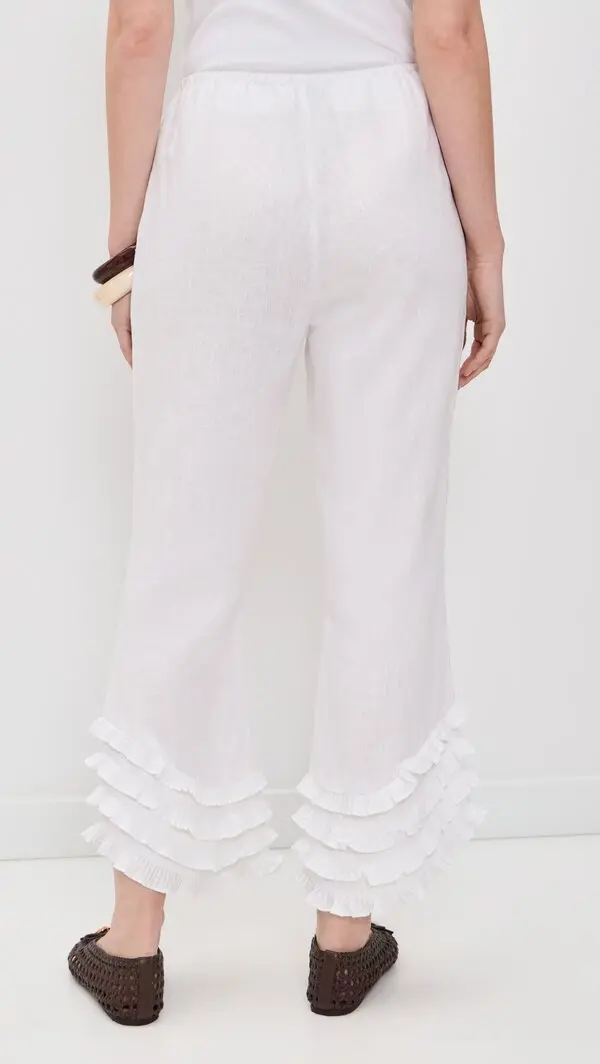 Posse Florence Linen Pants With Ruffle Trim - Ivory