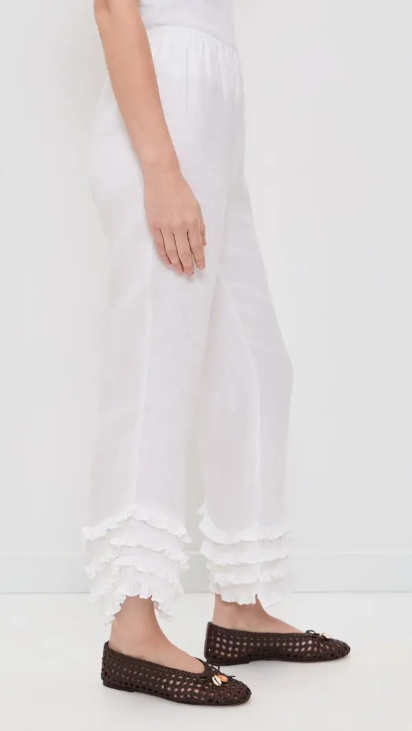 Posse Florence Linen Pants With Ruffle Trim - Ivory