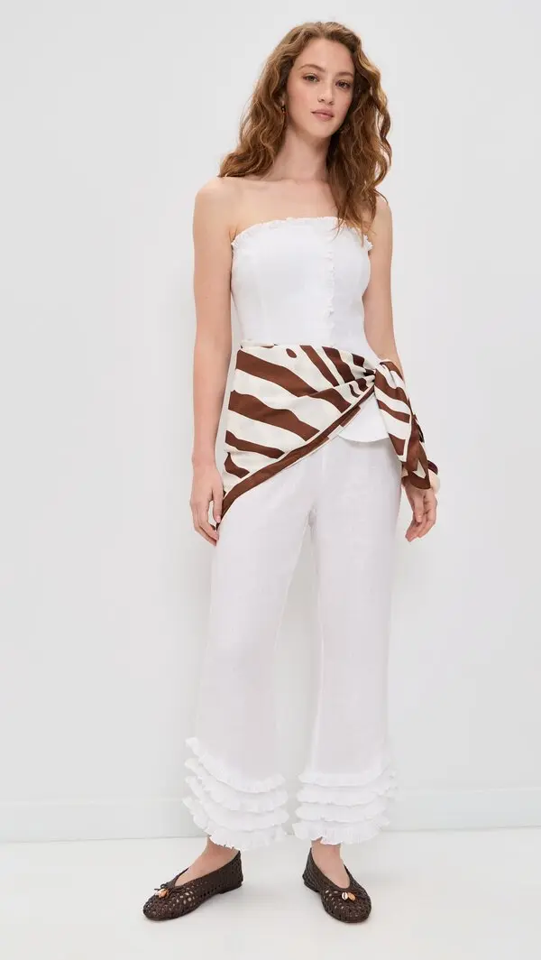 Posse Florence Linen Pants With Ruffle Trim - Ivory