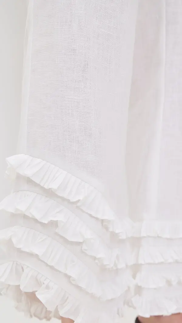 Posse Florence Linen Pants With Ruffle Trim - Ivory