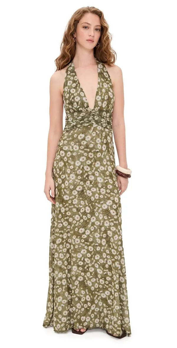 RESA Chelsea Halterneck Maxi Dress With Daisy Print And Ruched Details