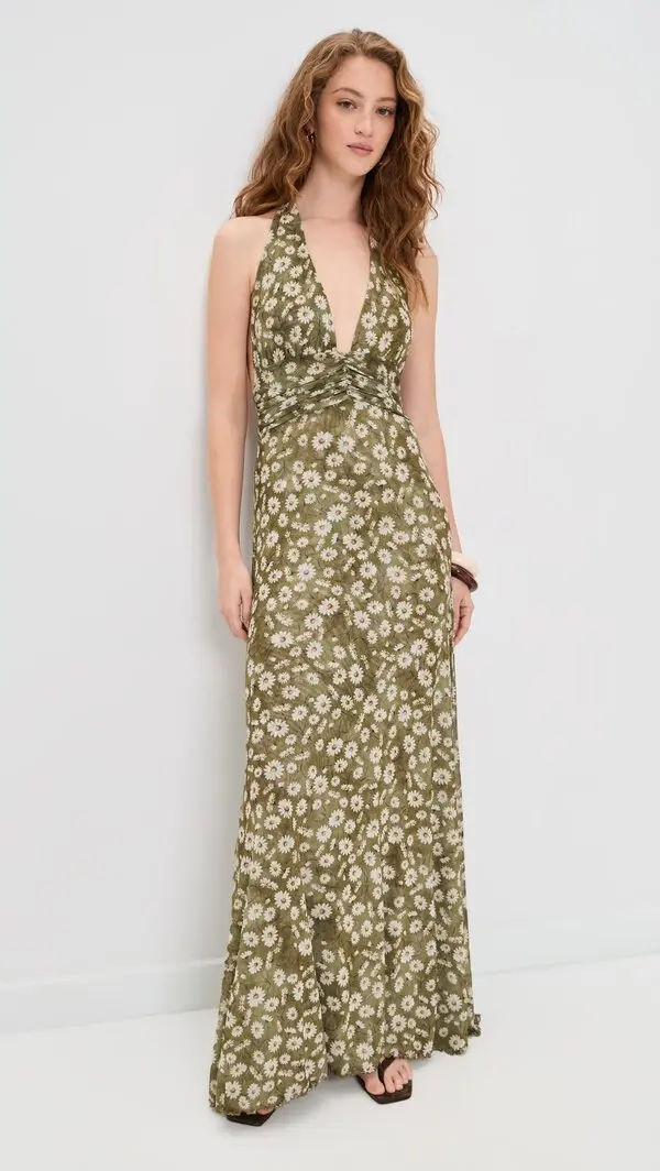 RESA Chelsea Halterneck Maxi Dress With Daisy Print And Ruched Details
