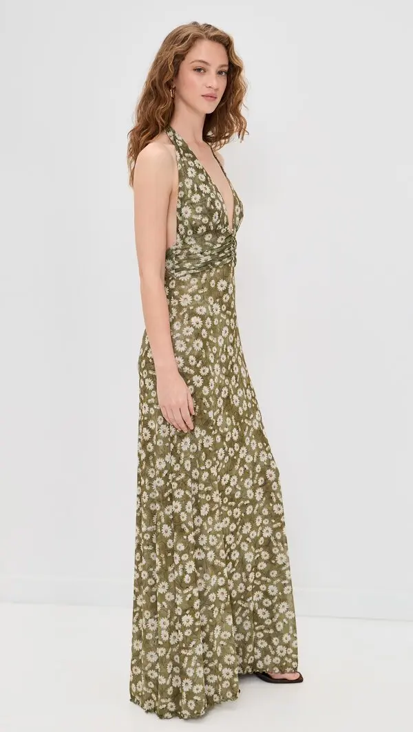 RESA Chelsea Halterneck Maxi Dress With Daisy Print And Ruched Details