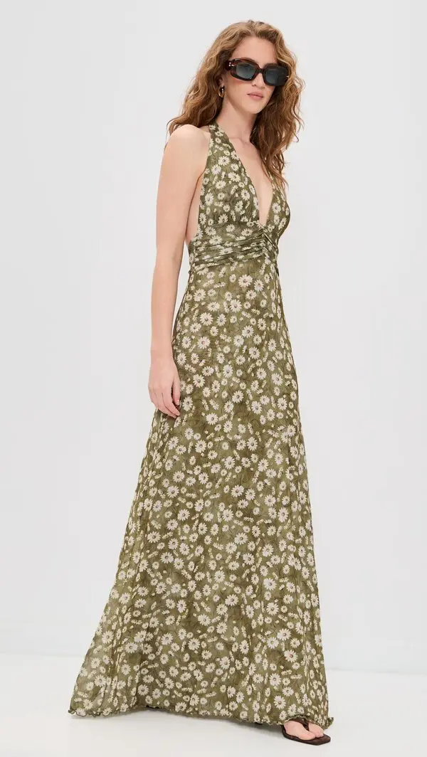 RESA Chelsea Halterneck Maxi Dress With Daisy Print And Ruched Details