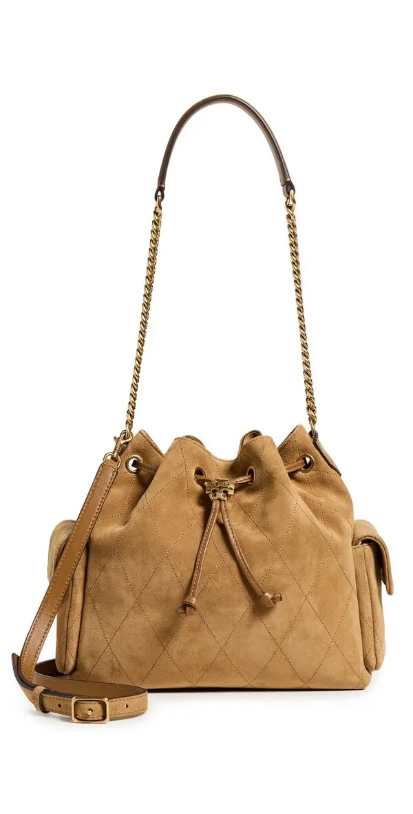 Tory Burch Charlie Quilted Suede Drawstring Shoulder Bag