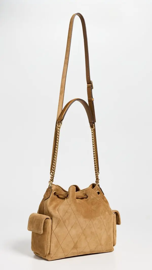 Tory Burch Charlie Quilted Suede Drawstring Shoulder Bag