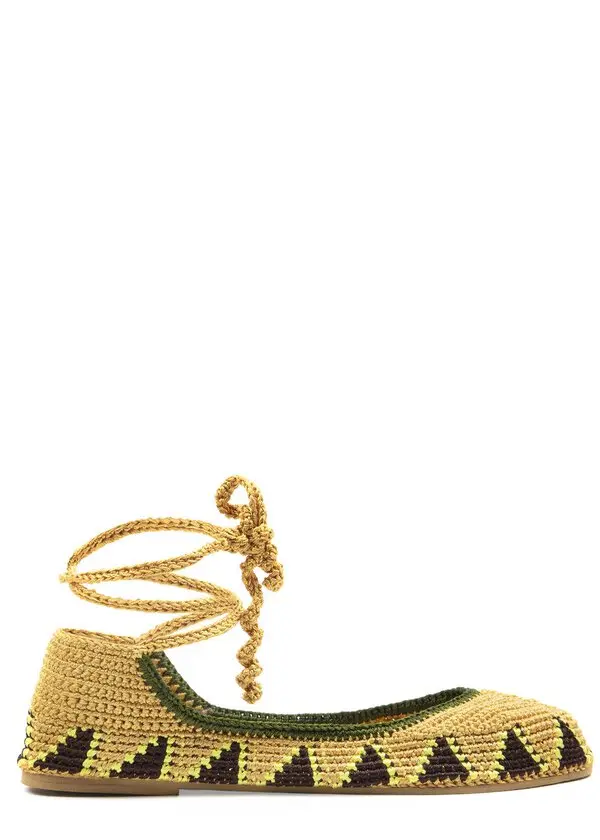 KASHURA Hand Crochet Ballerina Flats With Tie Fastening - Camel